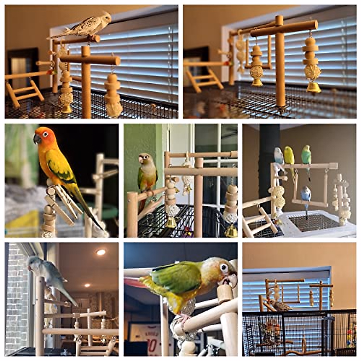 QBLEEV Bird Cage Play Stand Toy Set-Birdcage Wood Stands Hanging Chew Toys Ladder Swing Parrot Perch Play Gym Playground Accessories Activity Center for Conure, Parakeets, Budgie, Cockatiels,Lovebirds