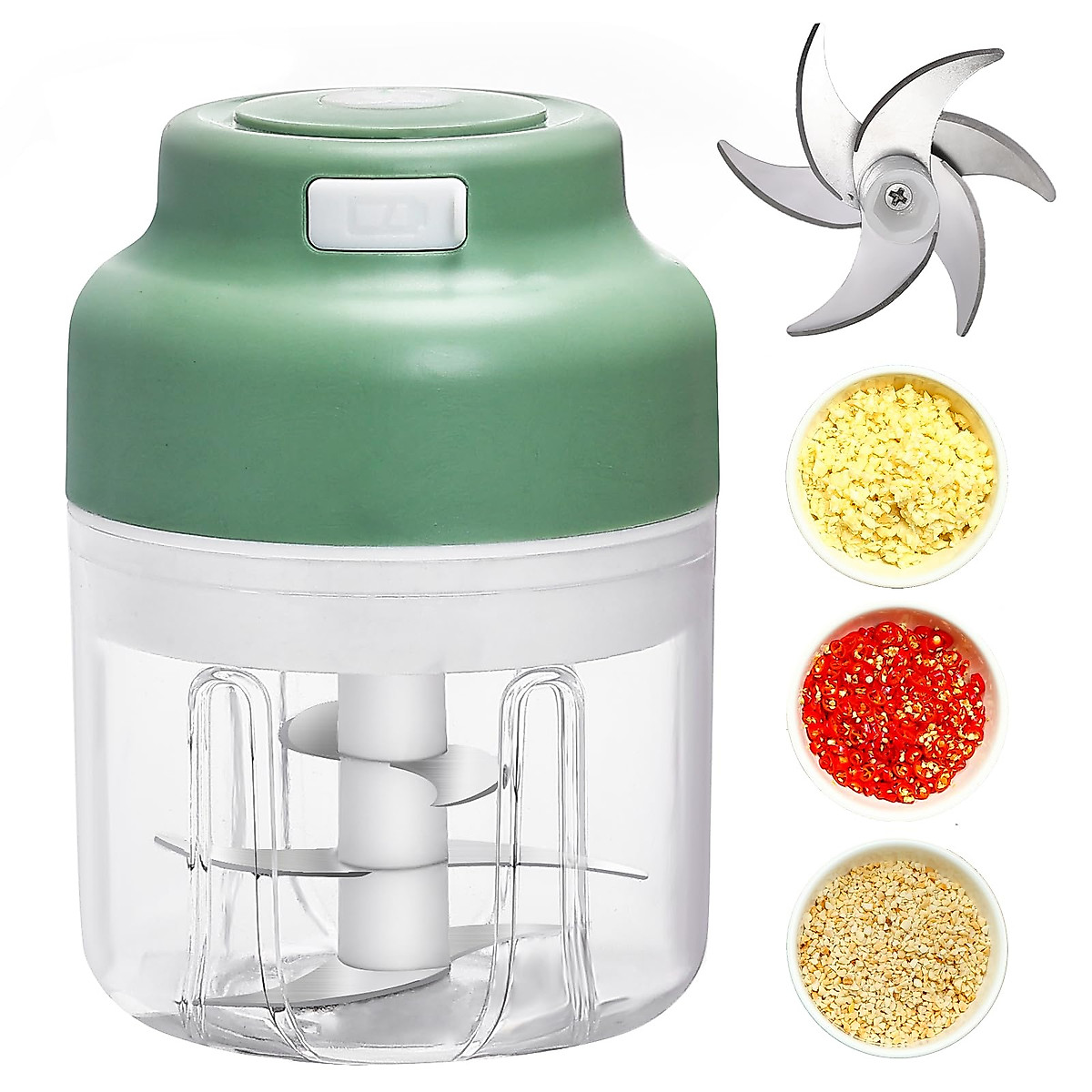 CHIDOYII Electric Garlic Chopper, 320 ML Mini Vegetable Chopper, 6-Leaf Blade Small Food Processor, Cordless Onion Chopper for Chili, Spice, Meat(Green)