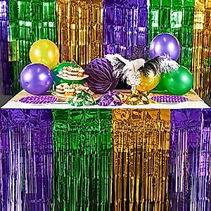 PartyWoo Mardi Gras Decorations, 2 pcs 2.5x9.8 ft Mardi Gras Fringe Table Skirt, Green Purple Gold Splicing Foil Fringe Tinsel for Mardi Gras Party Decorations, Mardi Gras Backdrop, Table Decorations
