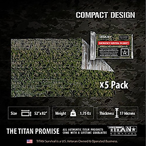 TITAN Survival Mylar Survival Blankets 5 Pack 52” x 82” - 90% Heat Retention & Waterproof Design - Emergency Blanket Cold Weather Protection & Survival Kits - Durable Space Blanket for Outdoor Use
