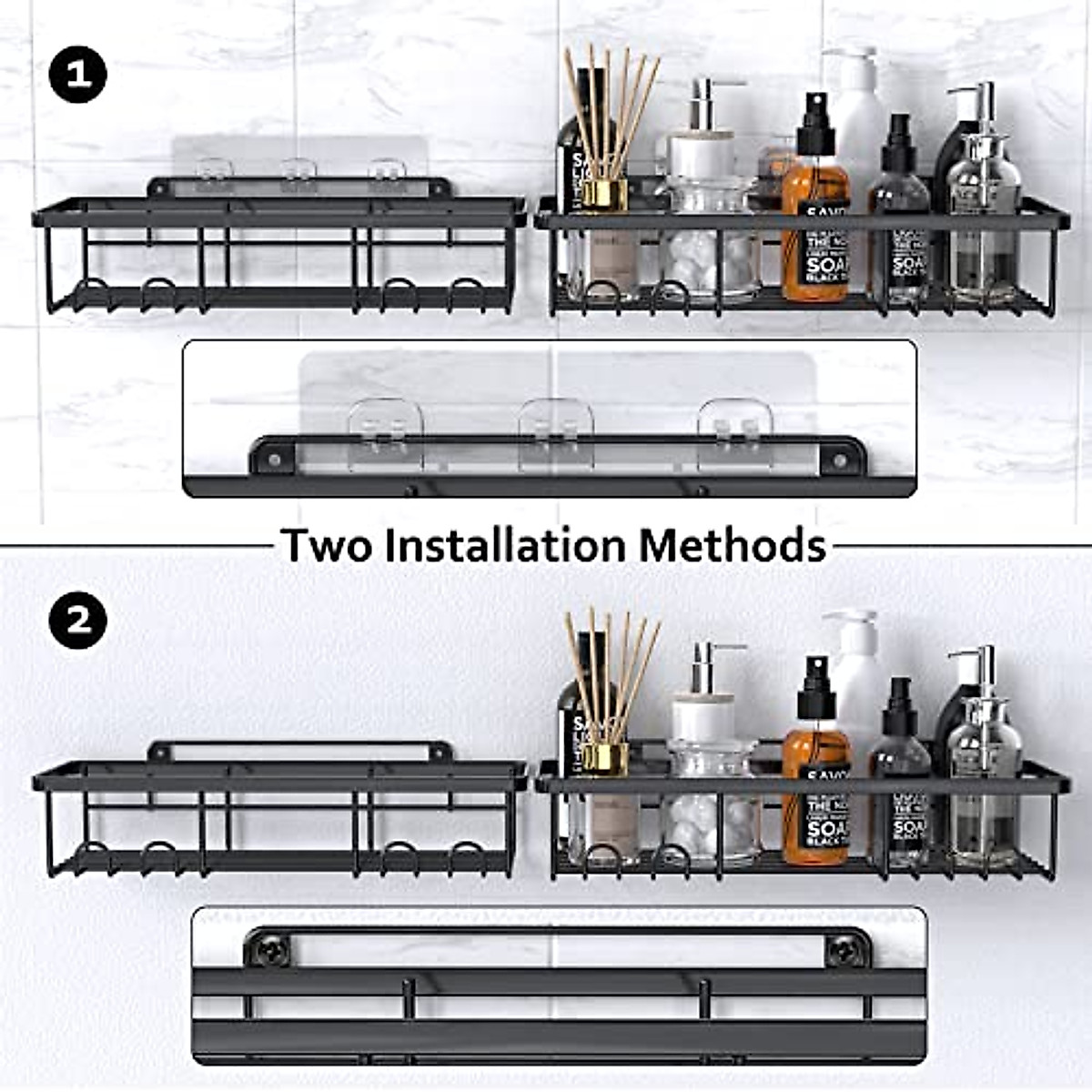 DINGXI Shower Caddy, 5 Packs Shower Shelves, Adhesive Shower Organizer No Drilling, with Shower Loofah Balls (1 Pack) with Adhesives or Screws Mounted for Bathroom Toilet & Kitchen (Black)
