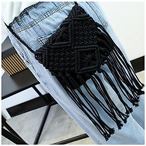 QTKJ Women's Crochet Square Crossbody Bag Hand-Woven Boho Tassels Summer Beach Cotton Messenger Shoulder Bag with Zipper (Black)