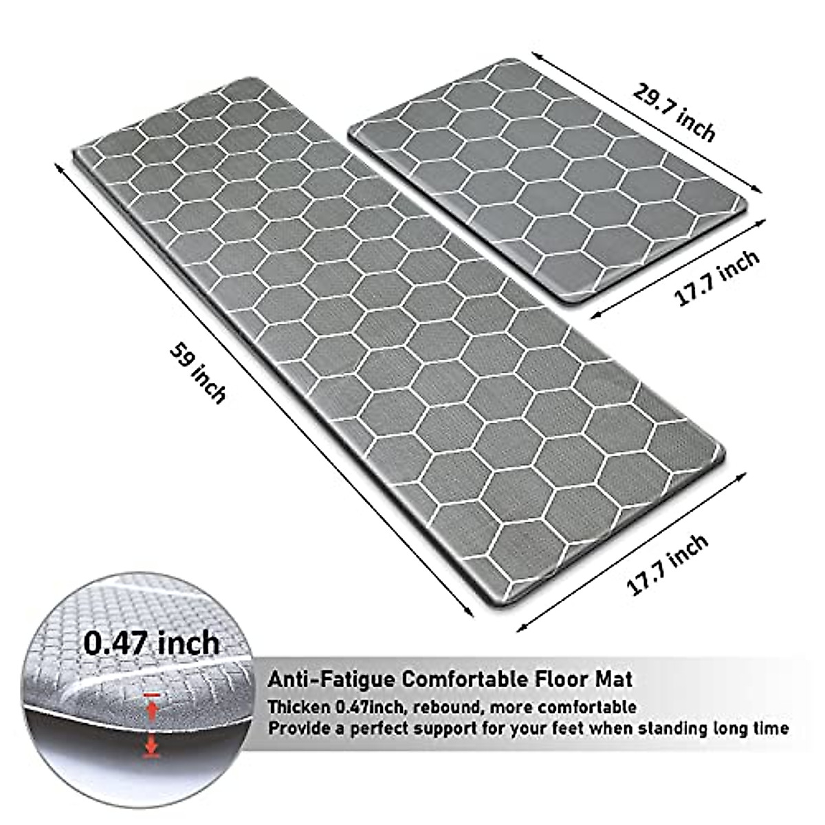 Gray Kitchen Mats for Floor,PVC Cushioned Anti-Fatigue Comfort Mat,2 Piece 0.47in Super Thick Kitchen Rugs【59In】 for Kitchen Sink Office Laundry Room