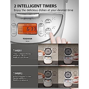 Toshiba Rice Cooker 6 Cup Uncooked – Japanese Rice Cooker with Fuzzy Logic Technology, 7 Cooking Functions, Digital Display, 2 Delay Timers and Auto Keep Warm, Non-Stick Inner Pot, White