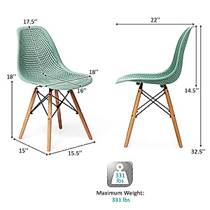 KOTEK Set of 4 Dining Chairs, DSW Molded Shell Plastic Side Chairs with Mesh Design, Solid Wood Legs, Mid-Century Modern Armless Side Chairs for Kitchen, Dining Room, Living Room (Green)