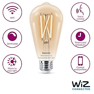 Philips Tunable White ST19 60W Equivalent Dimmable Smart Wi-Fi WiZ Connected Vintage Edison LED Light Bulb (2 Pack), Compatible with Alexa, Google Assistant, and Siri Shortcuts