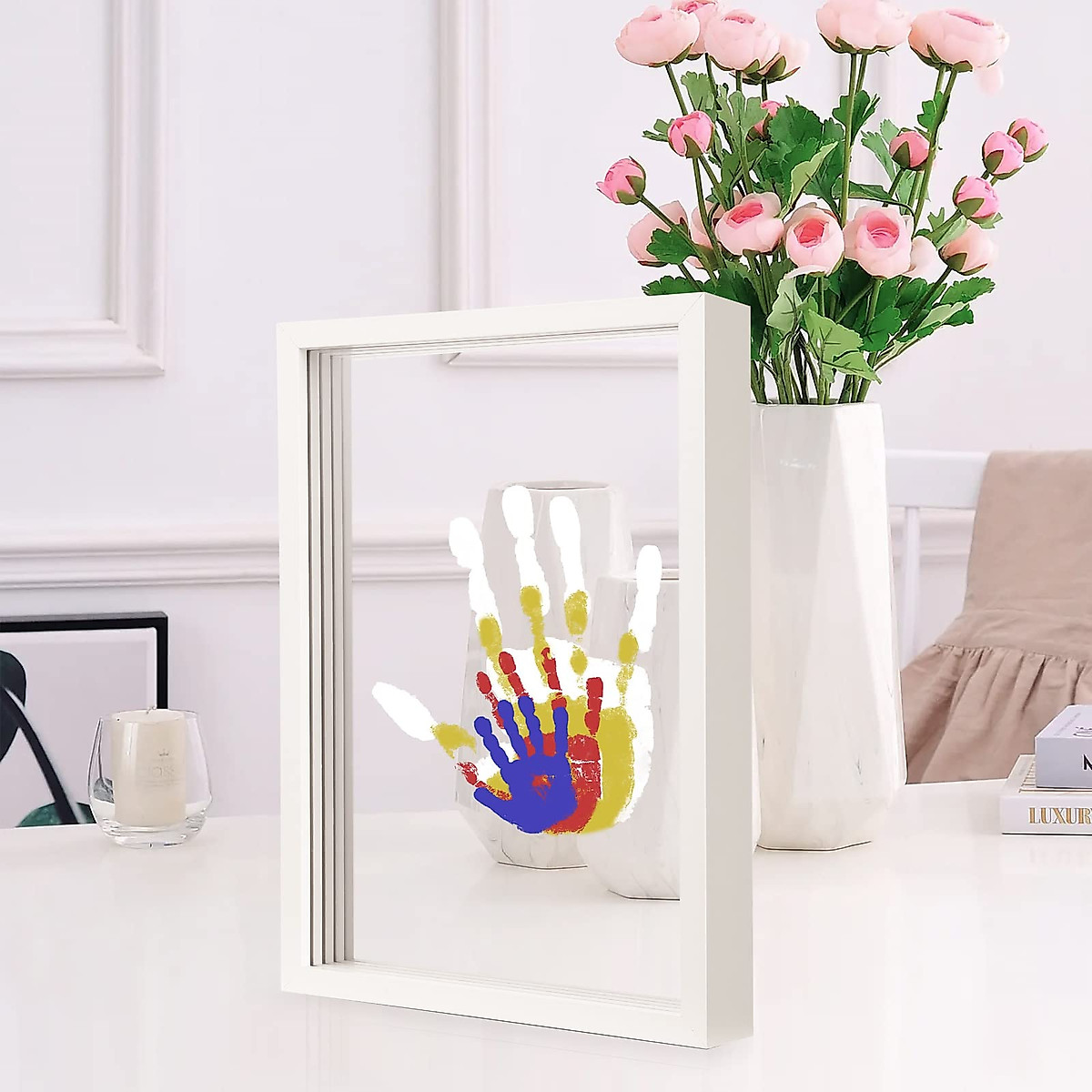 CHERRY CHEERS Family Handprint Kit, DIY Craft Keepsake Wooden Frame, Endless Gift Set, Non-Toxic Paints, Transparent Sheets (White)