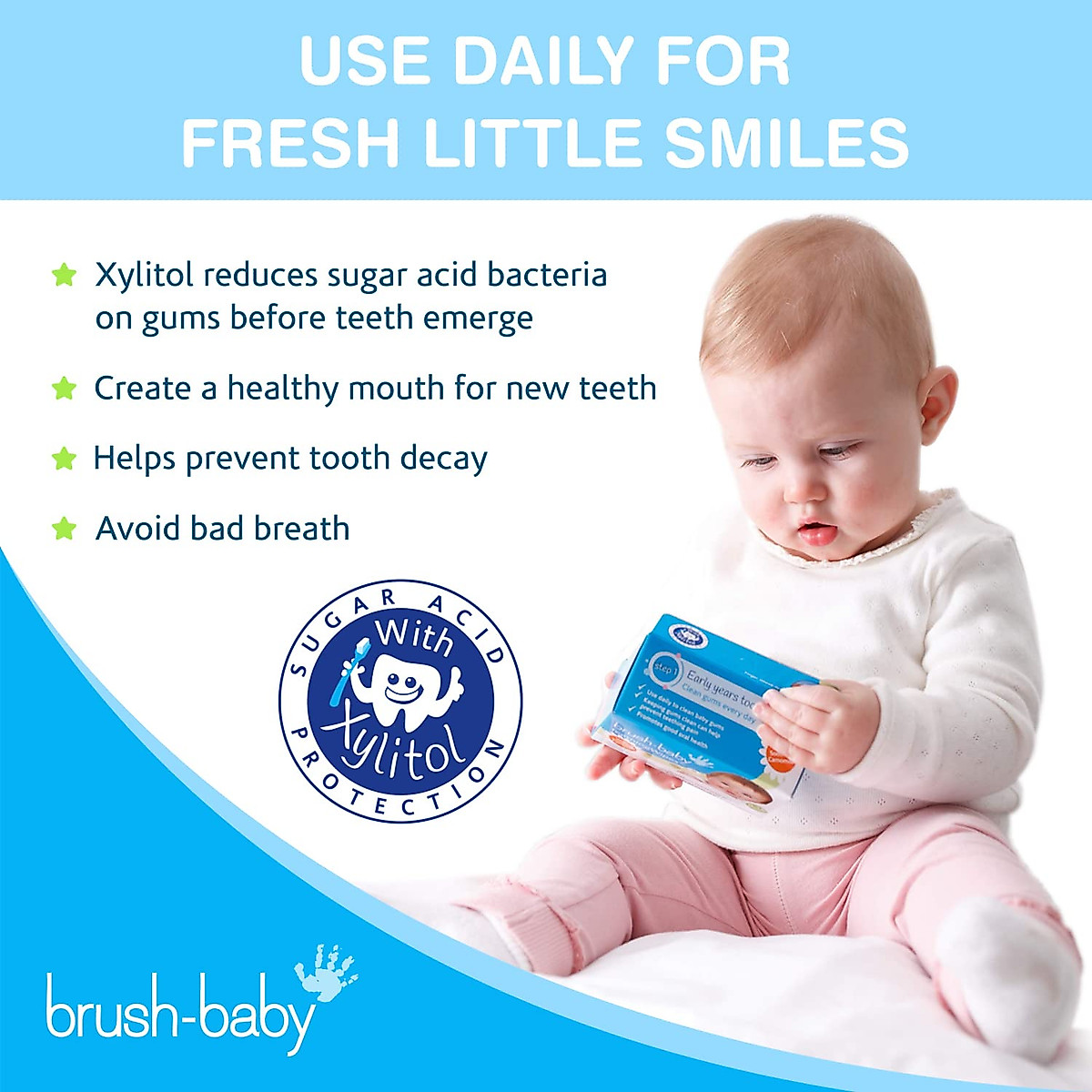 Brush Baby Teething Relief Dental Wipes for Ages 0-Toddler - Naturally Eliminate Teething Pain, Prevent Tooth Decay and Sour Milk Breath - 28 Finger Wipes