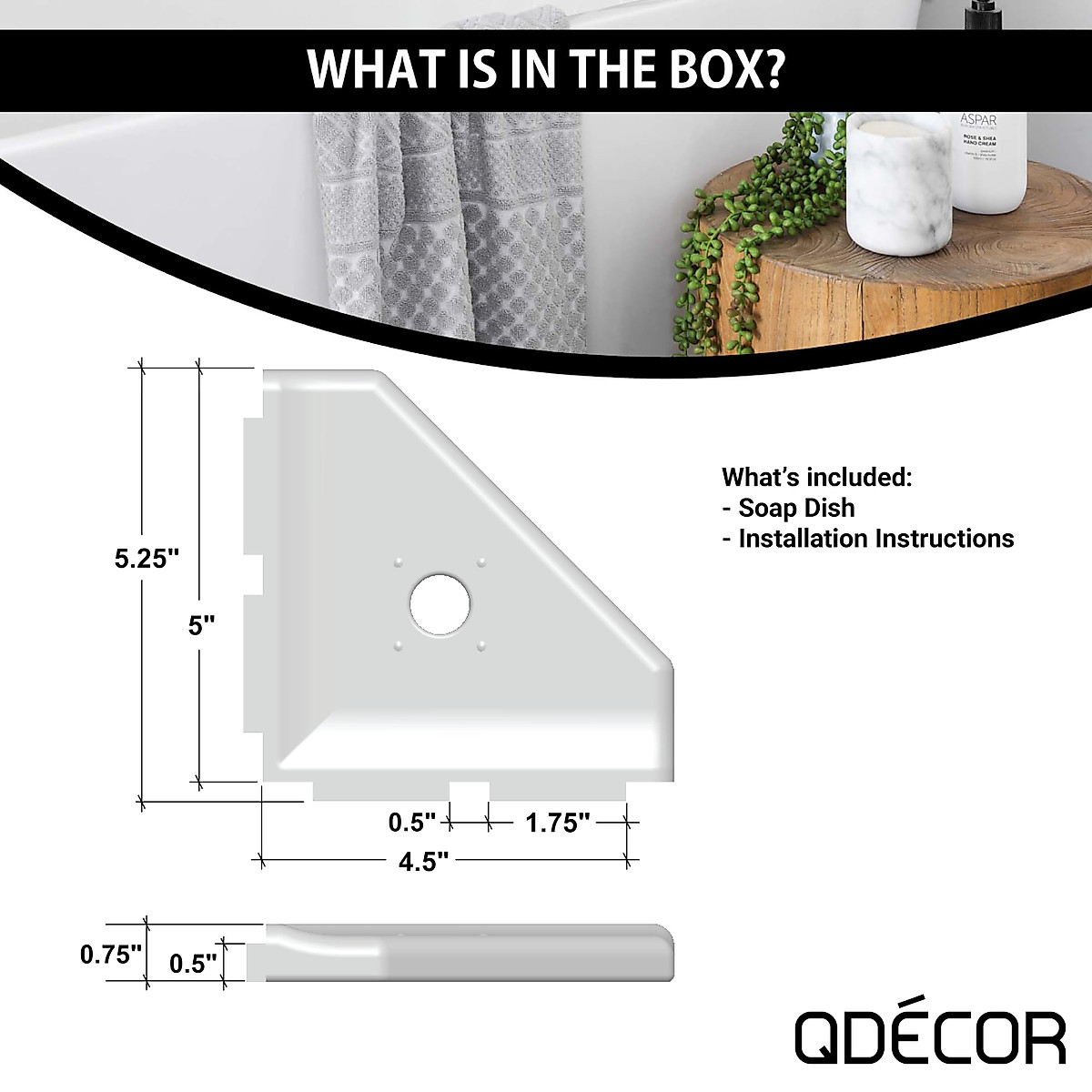 Questech Decor Shower Soap Dish, Lugged for New Construction, Corner Shower Shelf for Tiled Shower Walls, 5 Inch Geo Lugged Shower Corner Shelf, Bright White Matte