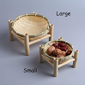 TimesFriend Rural Natural Mini Round Bamboo Basket for Fruit with 4 Stand Countryside Styles Home Decor Disply Dry Fruit Tray Bowl (Large)