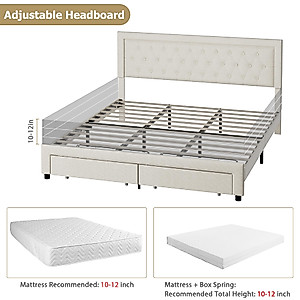 Keyluv King Bed Frame with 2 Storage Drawers and Adjustable Headboard, High-End Fabric Platform Bed with Button Tufted, Wooden Slats No Box Spring Needed/Easy Assembly, Beige