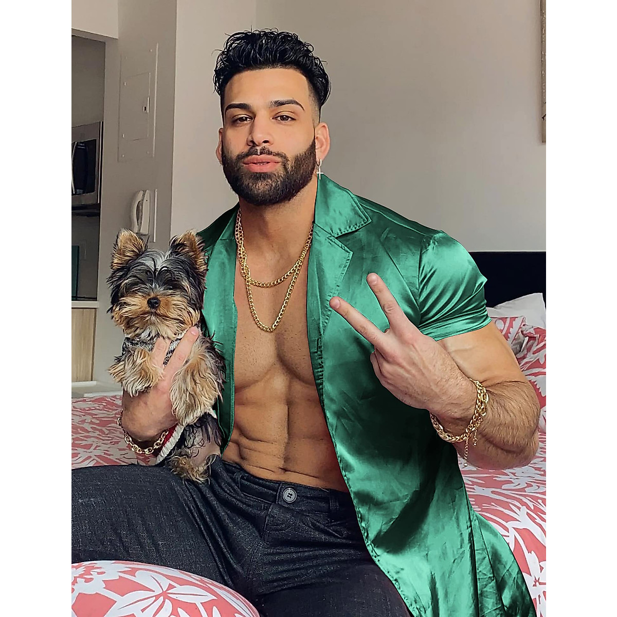 URRU Men's Luxury Shiny Silk Like Satin Dress Shirt Cuban Collar Short Sleeve Casual Slim Fit Muscle Button Up Shirts Dark Green L