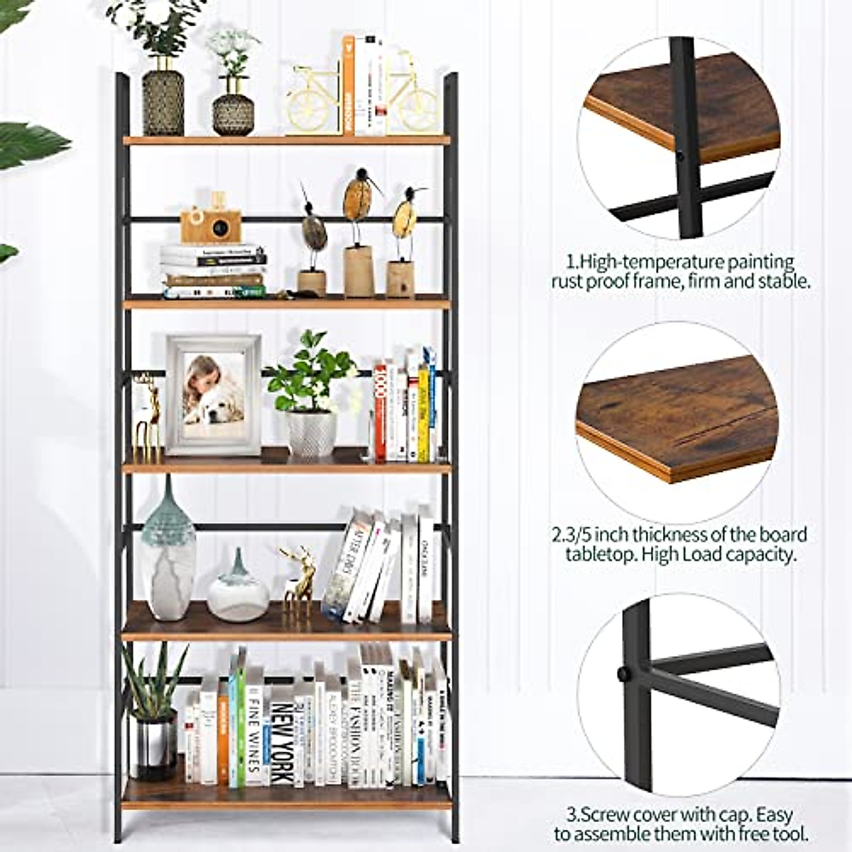 SpringSun 5 Tier Bookshelf Industrial Ladder Shelf Open Display Storage Rack Wood Bookcase with Metal Frame, Freestanding Storage Shelves for Home Office, Living Room, Bedroom, Kitchen
