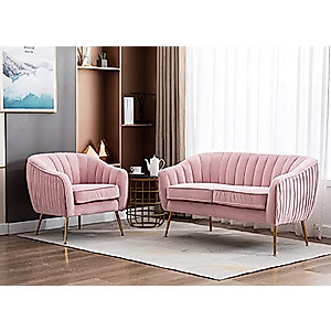 Artechworks Contemporary Tufted Velvet Tub Barrel Loveseat Sofa Chair Upholstered Couch with Golden Metal Legs Club Two-Seat Sofa for Living Reading Room Bedroom Apartment Small Space Dorm, Pink