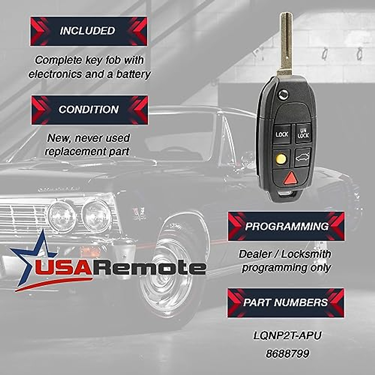 Flip Key Fob Keyless Entry Remote fits Volvo C30 C70 S40 S60 S80 V50 V70 XC60 XC70 XC90 (LQNP2T-APU)