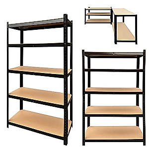 5-Tier Adjustable Heavy Duty Storage Shelving Unit, 70H x 35W x 16D inch Garage Storage Shelves Metal Shelving Unit, MDF Rack Storage Shelving Unit Organizer Shelves for Office Garage Kitchen (Black)
