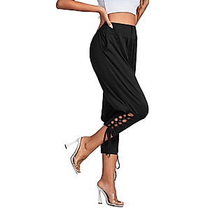 LYANER Women's Elastic High Waist Drawstring Wide Leg Palazzo Pants Loose Trousers Black X-Large