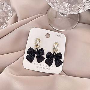Channel V Black Bow Earrings for Women Rhinestone Black Red Vintage Earrings Luxury Sparkle Statement Square Crystal Jewelry Ribbon Bowknot Party Earrings(Black)