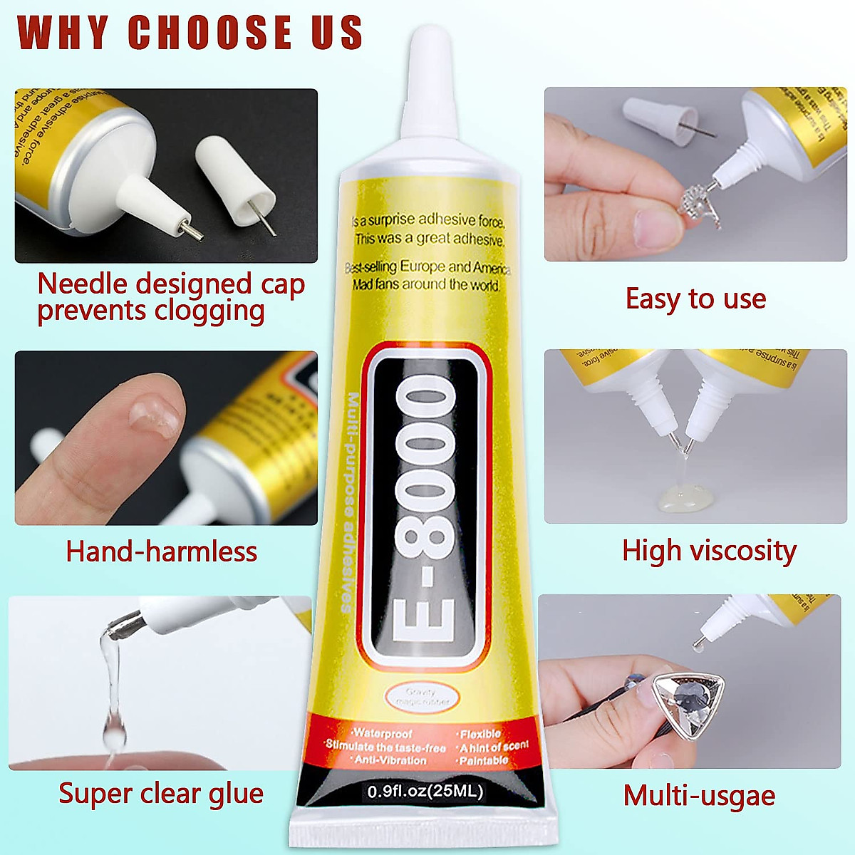 4pcs X 25ML E8000 Glue Clear Jewelry Metal Glue, Upgrade Clear E-8000 Glues Paste Transparent Liquid Fusion Fabric Glue for Phone Repair, Glass, Wooden, Rhinestone Jewelry Crafts, DIY Tumblers