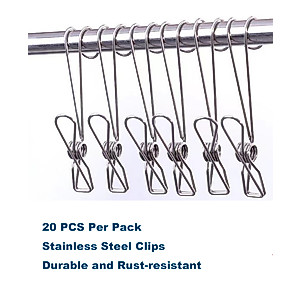 Generic 20 Clips Pack Stainless Steel Clothespins with Hooks Metal Spring Universal Long Hanging Clip for Offices Kitchens Bathroom