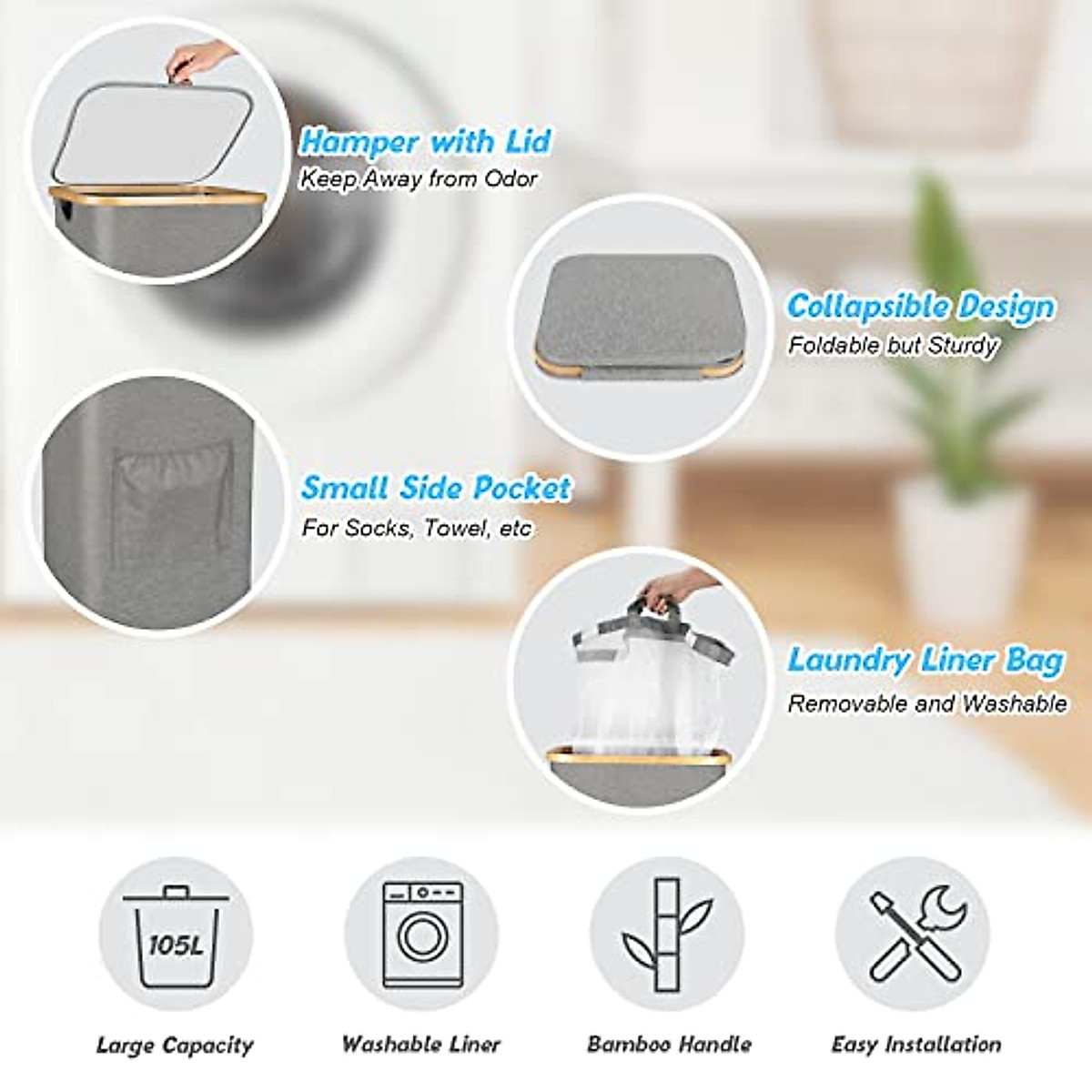 GLCONN Tall Laundry Basket with Lid, Inner Bag - 105L Large Laundry Hamper Bathroom Clothes Basket - Collapsible Storage Bin Grey Basket for Clothes, Toys, Dorm, Living Room, Bedroom Organizer