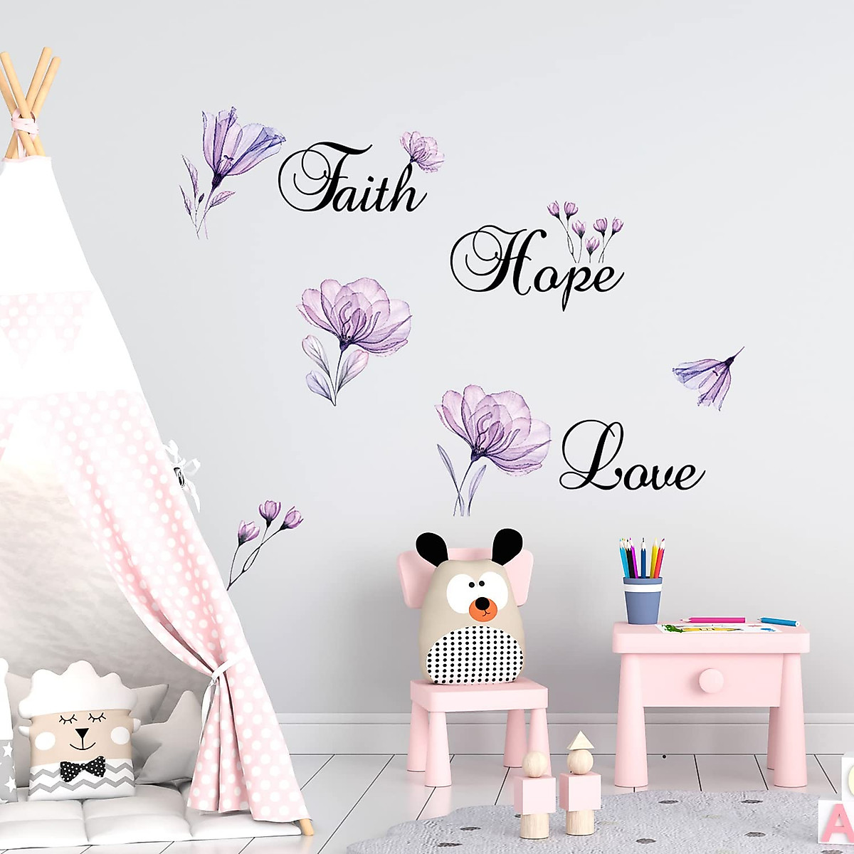 Lchen Faith Hope Love Wall Sticker Purple Lily Flower PVC Wall Decal Home Background Decor Removable Wall Art Sticker (Faith Hope Love)