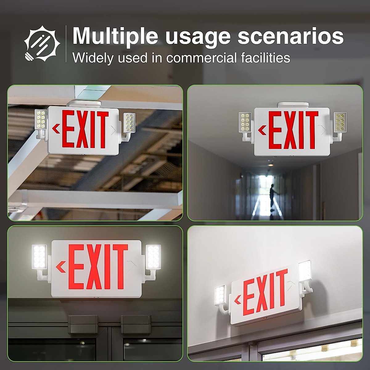 FREELICHT 6 Pack LED Double-Sided Exit Sign with Emergency Lights,Adjustable LED Emergency Exit Lights with Battery Backup，Exit Sign for Business，Hard Wired，UL Certified，AC 120/277V，