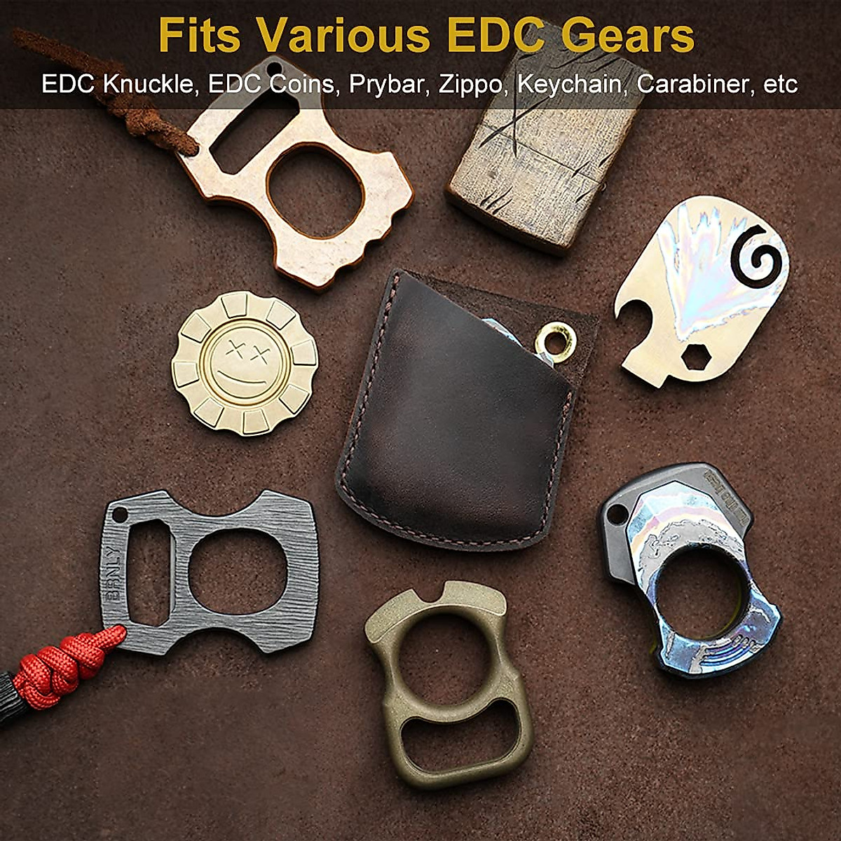 VIPERADE PJ27 Leather Sheath for EDC Knuckle, EDC Coins Sheath for Men, Small EDC Leather Sheath for Lighter, Car key, Carabiner, Mini EDC Gears (Brown)