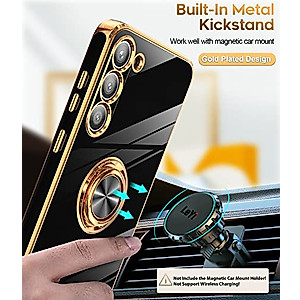 LeYi for Samsung Galaxy S23 Case 360° Rotatable Ring Holder Magnetic Kickstand, Plating Rose Gold Edge Protective Case, Black