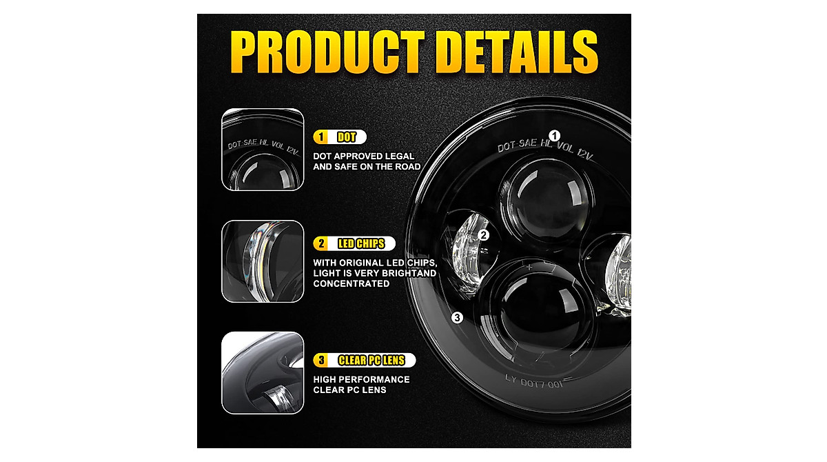 7 Inch DOT Approved Black LED Headlight for Motorcycles