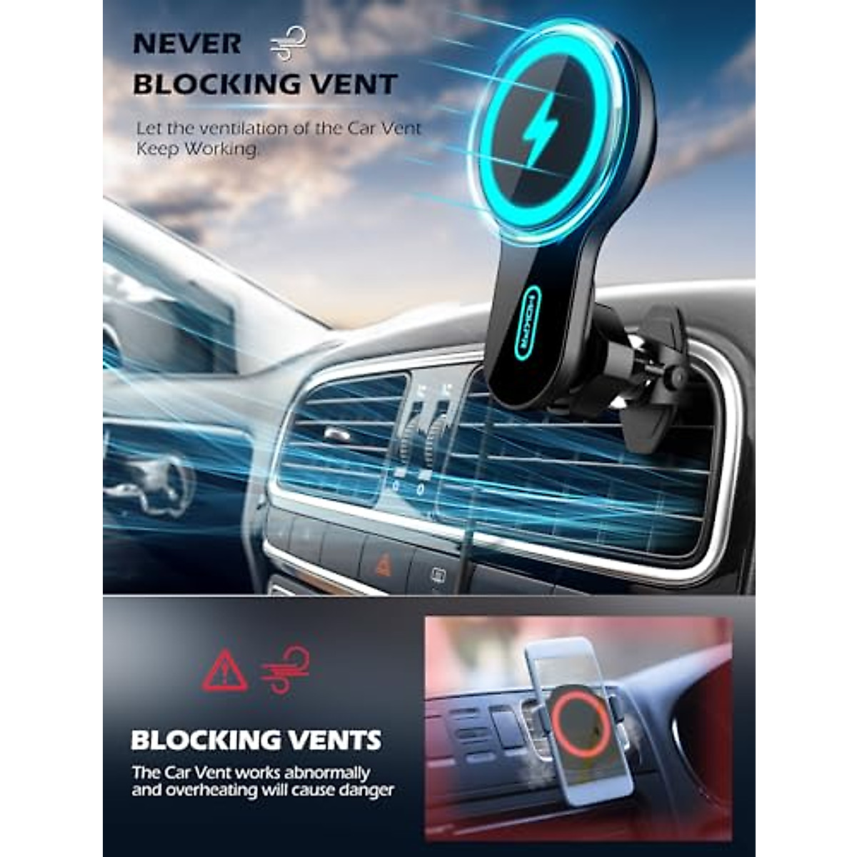 MOKPR for MagSafe Car Mount Charger, 15W Heat Dissipation Wireless Car Charger Fast Charging Magnetic Phone Holder Mount Automobile Car Holder Vent Fits iPhone 15 Pro Max Plus 14 13 12 MagSafe Case