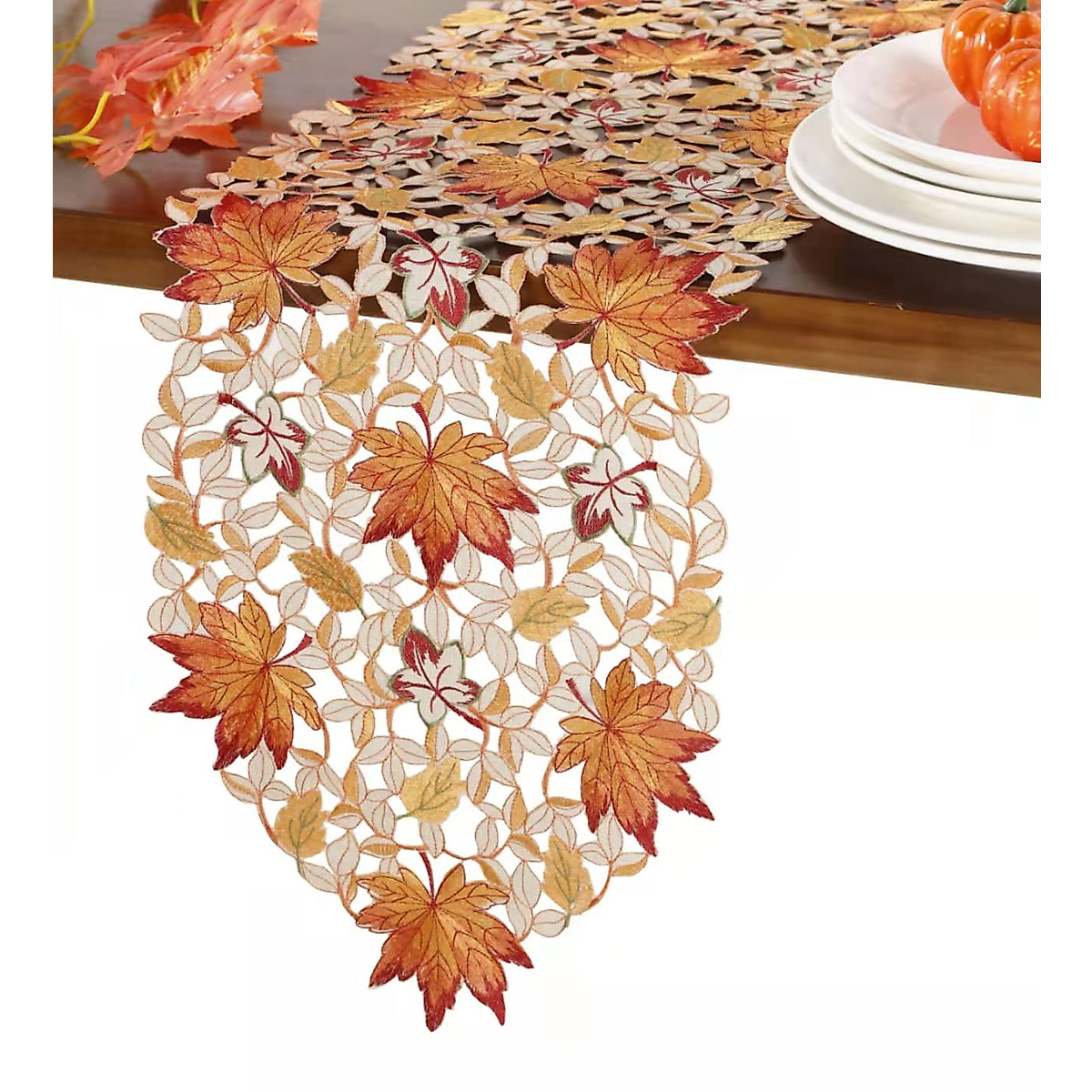 GRANDDECO Thanksgiving Harvest Table Runner Embroidered Cutwork Maple Leaves Dresser Scarf Table Cover Autumn Or Fall Decorations (Table Runner 13"x34")