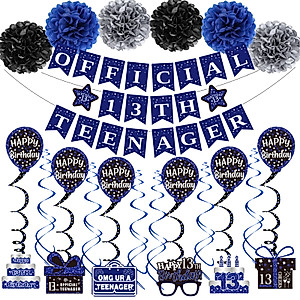 13th Birthday Decorations for Boys Girls, Blue Official 13th Teenager Banner Party Decorations, Happy Thirteen Birthday Decor Double-Sided Card Pompoms Hanging Swirl for 13 Years Teenagers Gifts 48pcs