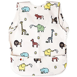 Baby Bib for Boys and Girls w/Food Catcher Pocket - Waterproof, Wipe Clean, Machine Wash, Fast Drying Feeding Smock - Recycled Polyester - Animal Print Suitable for Babies to Toddlers