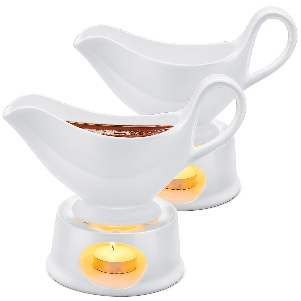 Sliner 2 Sets Gravy Boat with Stand and Candle, Ceramic Sauce Boat 15.5 oz Porcelain Sauce Boat with Butter Warmers for Seafood, White Boat Hot Sauce Warmer for Daily Meal, Party Supplies