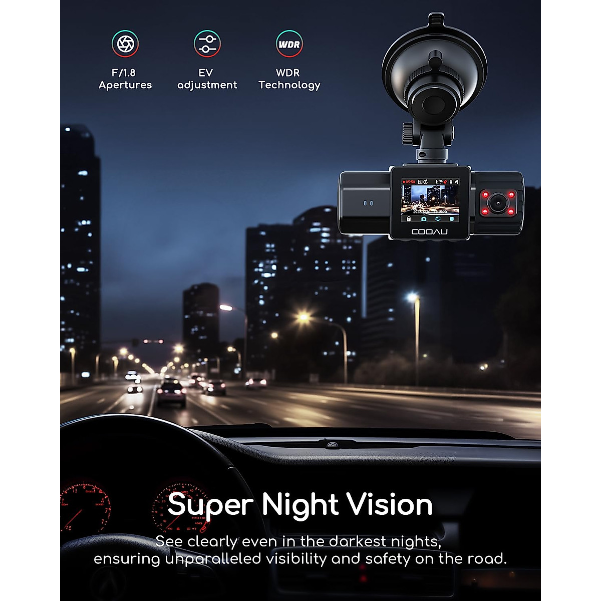 COOAU Dual Dash Cam 2.5K+1080P, Dash Cam Front and Inside, Built-in GPS and WiFi, Dash Camera for Cars, Perfect for Uber and Taxi Drivers, Night Vision, Accident Record, 24Hr Parking Mode