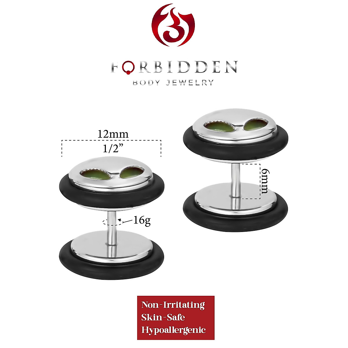 Forbidden Body Jewelry 16g Cheater Plug Earrings: 1/2 Inch Surgical Steel Glow In The Dark Alien Eyes Fake Plugs