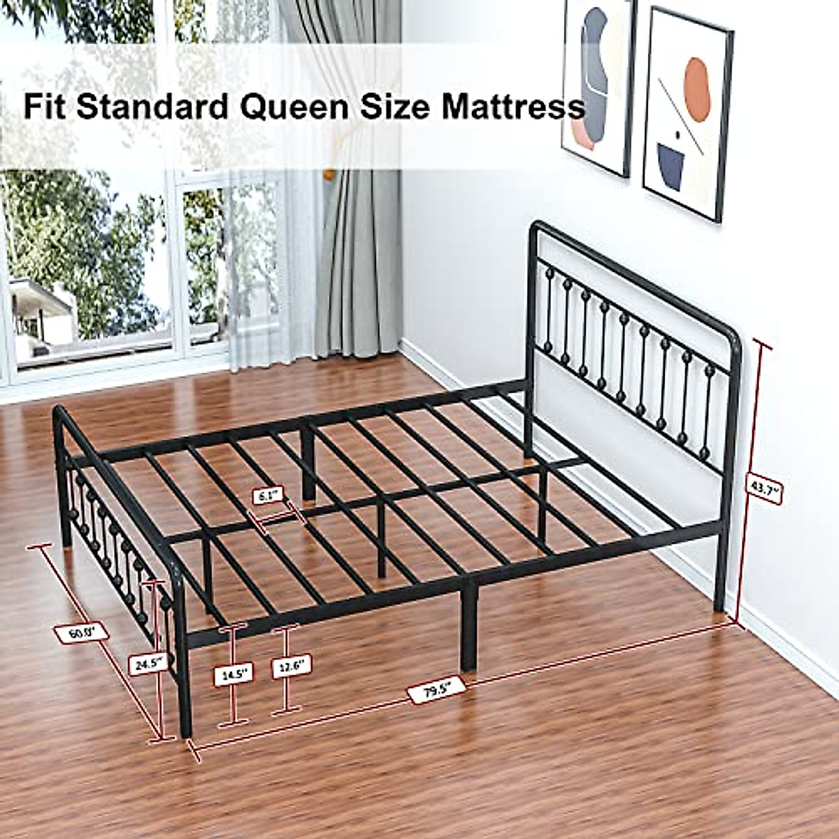 Noillats Metal Queen Bed Frame, Vintage Headboard and Footboard, Sturdy Steel Strip Support Mattress Base, No Box Spring Required, Easy to Assemble, Steel Grey