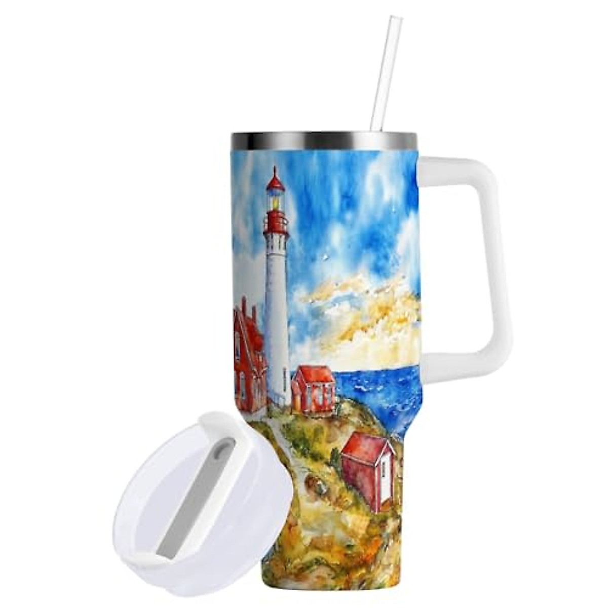 ODAWA Lighthouse Coffee Tumbler Reusable Insulated Water Bottle with Handle Travel Mug