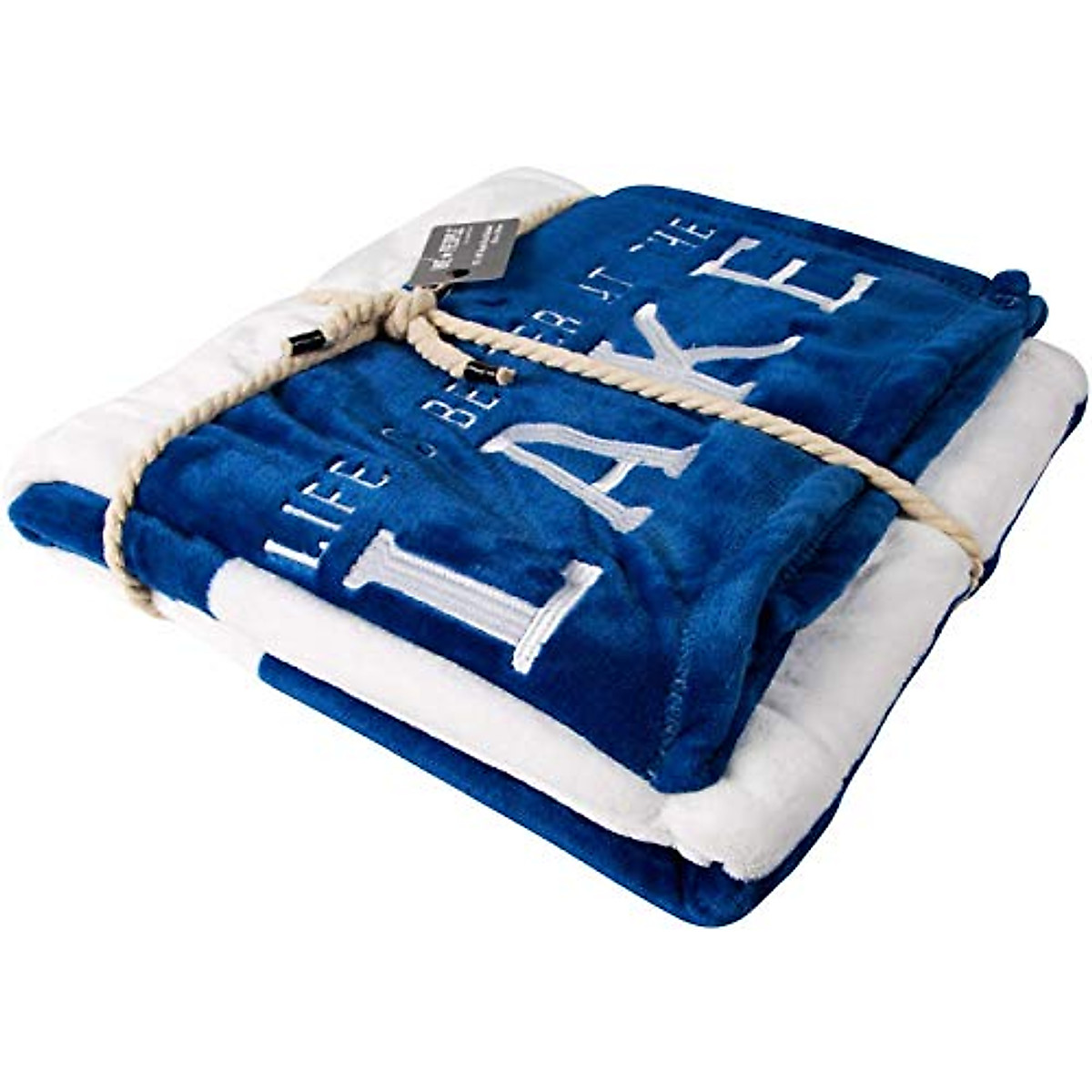 Pavilion Gift Company Life is Better at The Lake-Blue & White Super Soft 50 x 60 Inch Striped Throw Embroidered Text 50" x 60" Royal Plush Blanket, Blue