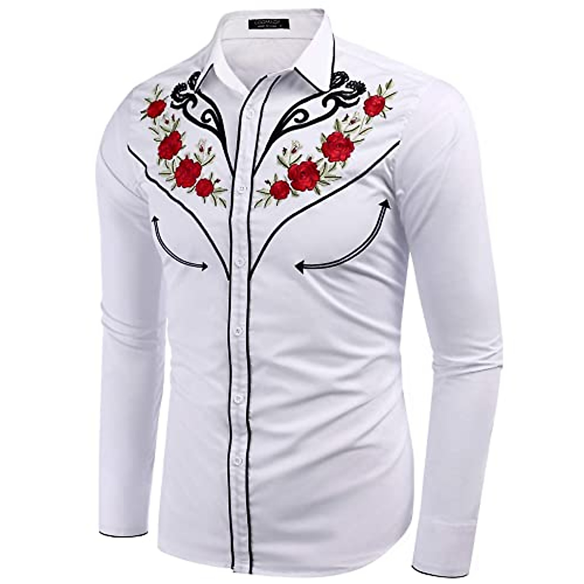 COOFANDY Men's Western Cowboy Shirt Embroidered Rose Vintage Long Sleeve Casual Button Down Shirt