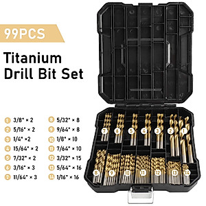 Yaegoo Titanium Twist Drill Bit Set High Speed Steel for Steel, Wood, Plastic, Metal, Copper, Aluminum Alloy with Storage Case (99 PCS)