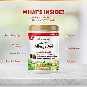 NaturVet Aller-911 Advanced Allergy Aid for Dogs, Cats – Antioxidant-Rich Pet Supplement with Omegas, DHA, EPA – Helps Support Dog Immune System, Cat Respiratory Health, Skin Moisture 180 Soft Chews