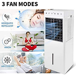 HealSmart 30'' Evaporative Air Cooler Fan with Humidification, Repellent and Anion Function, 2 Gallon Water Tank, 3 Speeds Setting, Remote Control, White
