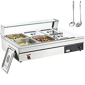 6-Pan Commercial Food Warmer with Tempered Glass Cover - Stainless Steel Countertop Electric Steam Table for Catering and Restaurants