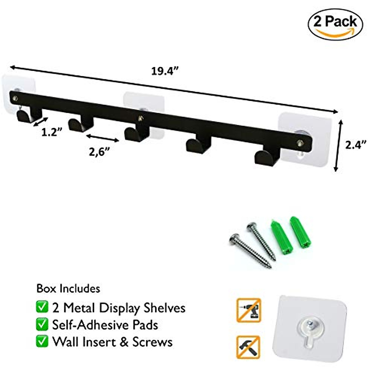 CADOVER 2 Pack Bathroom Towel Holder Mask Rack Wall Mounted with Self Adhesive, Behind Door Metal Frame Hook for Bathroom Towel, Clothes, Kitchen Storage (Black)