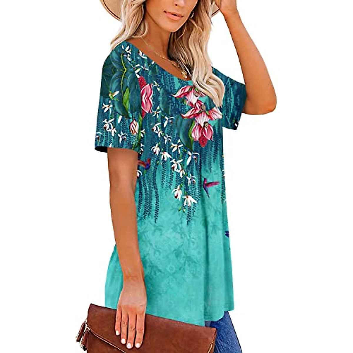 ONLYSHE Summer Floral Plus Size Shirts Blouse for Women Casual Tunic Tops Short Sleeve Ruffle TealWhite XL
