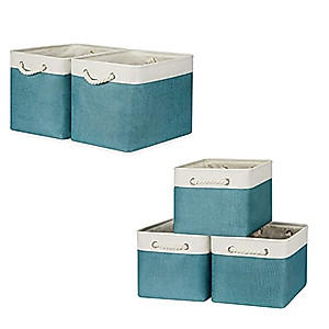 Bidtakay Baskets Set Fabric Storage Bins-Teal Blue Bundled Baskets of 2 Large Baskets 16" X 11.8" X 11.8" + 3 Medium Baskets 15" X 11" X 9.5" for Closet, Shelves