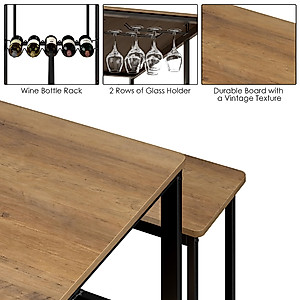 BOTLOG 3-Piece Kitchen Table for 4, 54.7" Dining Table Set with 2 Benches, Dining Room Table with MDF Wood Board, Storage Shelf, Wine and Glass Rack, Industrial (Brown)