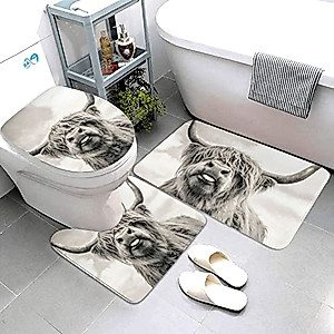 Billichase Highland Cow Bathroom Rugs and Mats Set 3 Pieces Non Slip Absorbent U-Shaped Contour Toilet Mats, Bath Mat and Toilet Lid Cover for Tub Shower and Bath Room